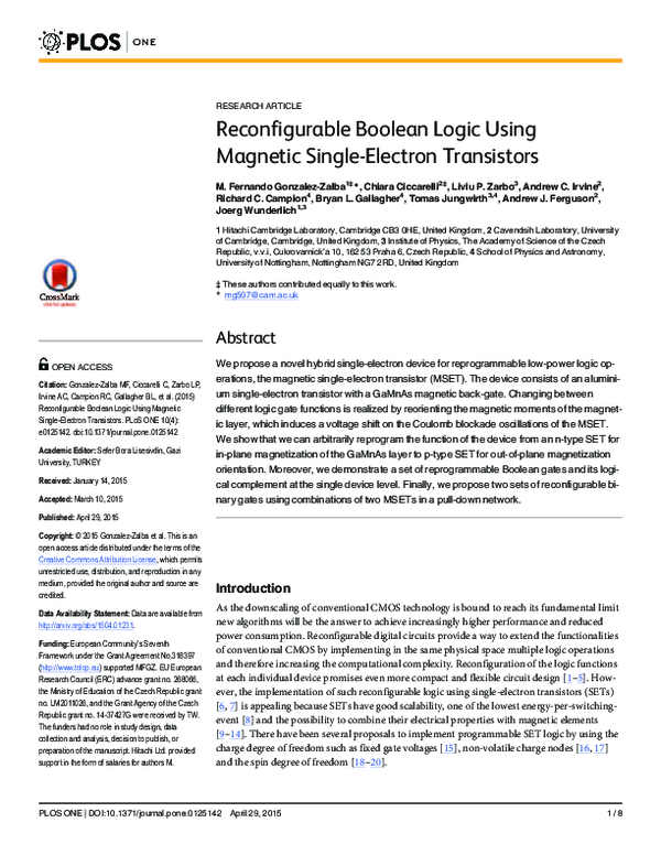 (PDF) Reconfigurable Boolean Logic Using Magnetic Single-Electron Transistors