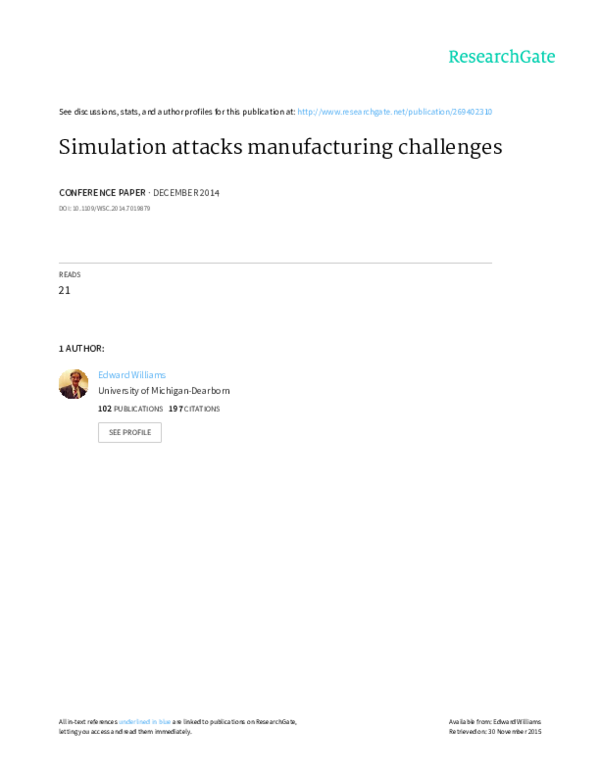 (PDF) Challenges and Progress in Manufacturing Simulation