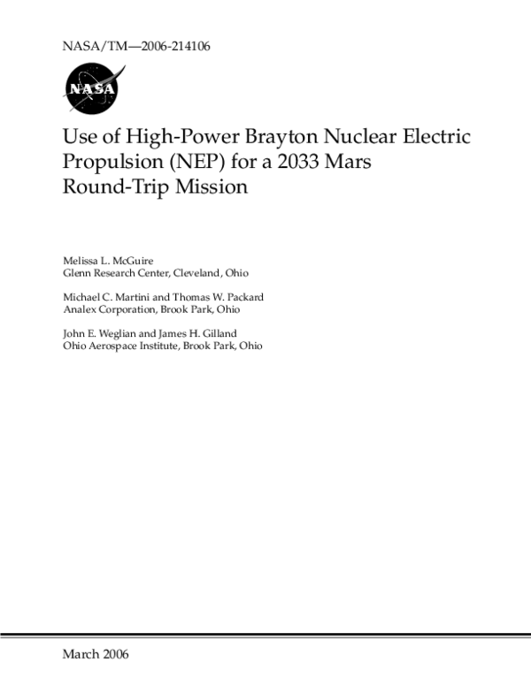(PDF) Use of High-Power Brayton Nuclear Electric Propulsion (NEP) for a ...
