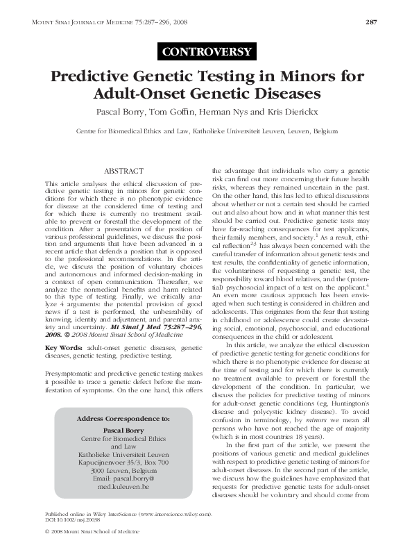 Pdf Predictive Genetic Testing In Minors For Adult Onset Genetic Diseases