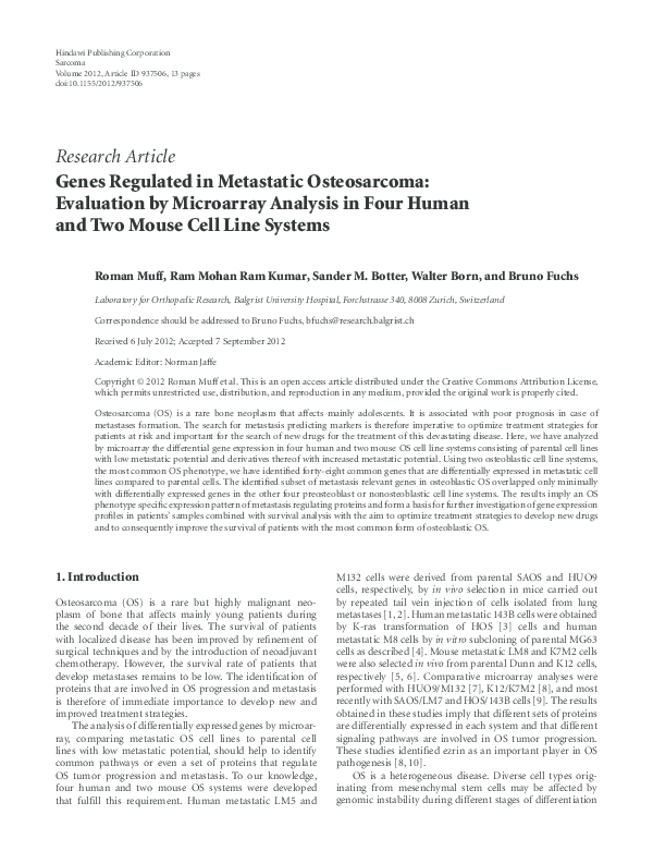 (PDF) Genes regulated in metastatic osteosarcoma: evaluation by ...
