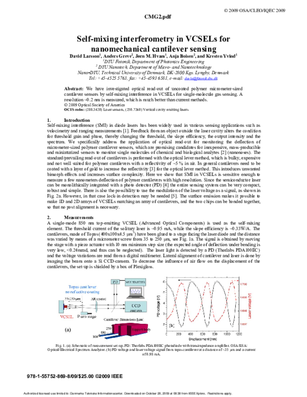 (PDF) Self-Mixing Interferometry in VCSELs for Nanomechanical Cantilever Sensing