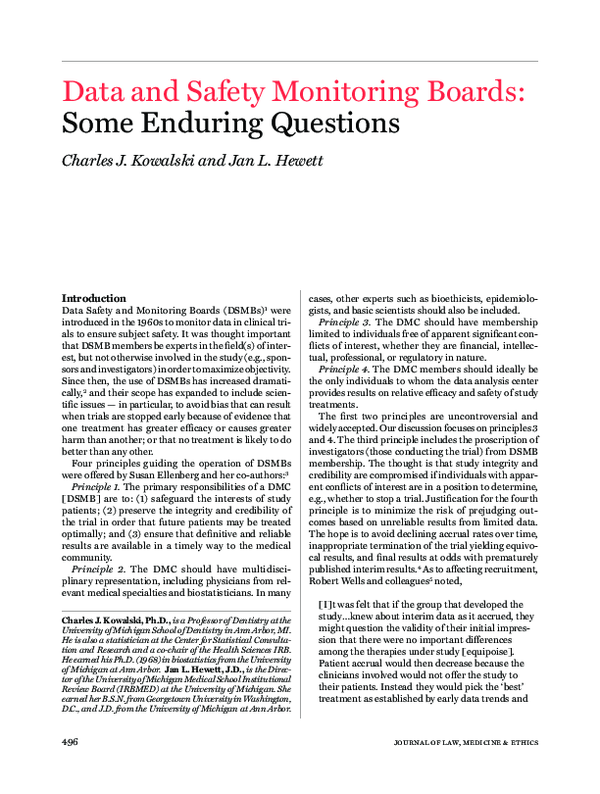 (PDF) Data and Safety Monitoring Boards: Some Enduring Questions