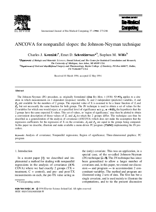 (PDF) ANCOVA for nonparallel slopes: the Johnson-Neyman technique