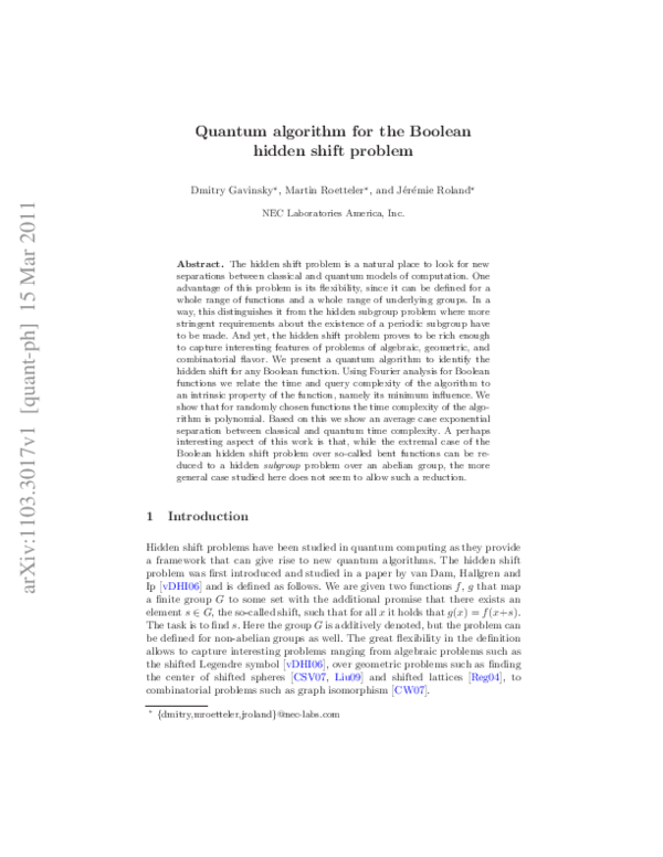 Pdf Quantum Algorithm For The Boolean Hidden Shift Problem