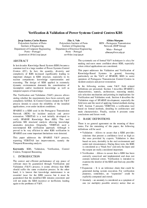 (PDF) Verification & Validation of Power Systems Control Centres KBS