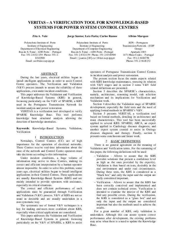 (PDF) Verification of Knowledge Based-Systems for Power System Control Centres