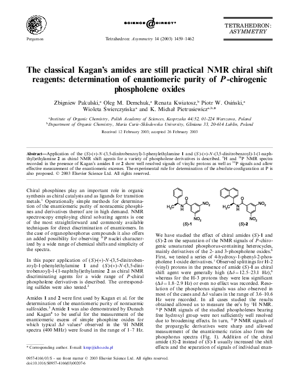 (PDF) The classical Kagan's amides are still practical NMR chiral shift ...