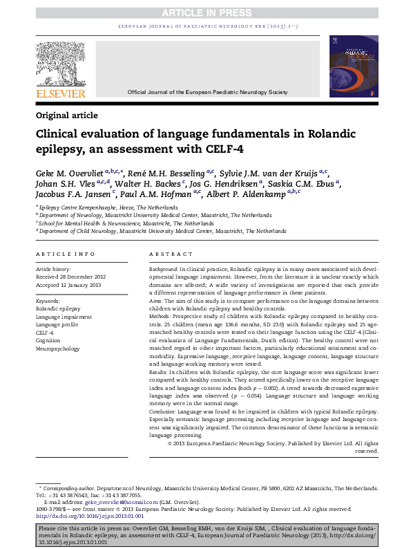 (PDF) Clinical evaluation of language fundamentals in Rolandic epilepsy, an assessment with CELF-4