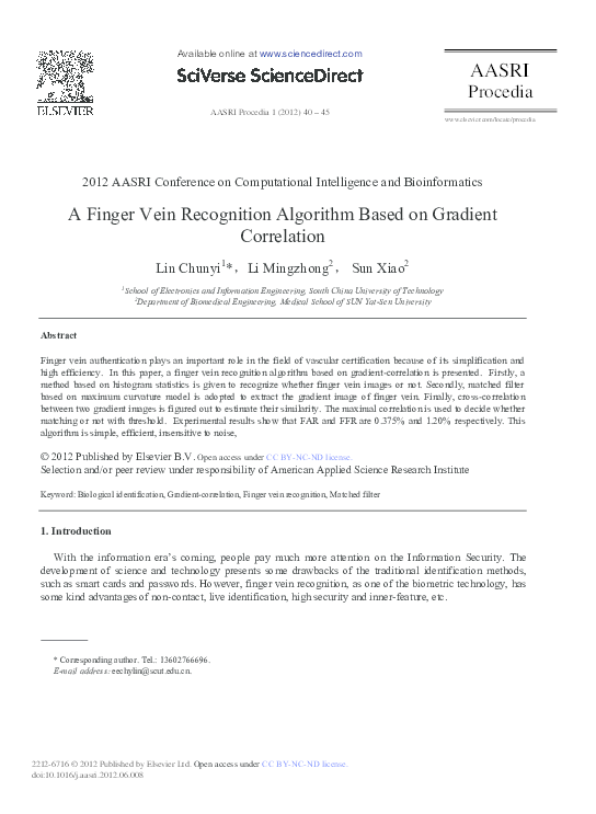 (PDF) A Finger Vein Recognition Algorithm Based on Gradient Correlation
