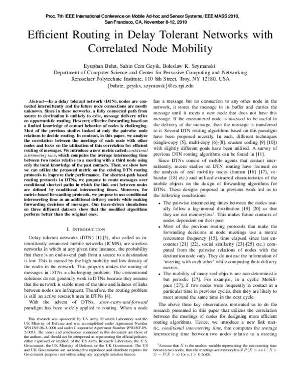 Pdf Efficient Routing In Delay Tolerant Networks With Correlated Node