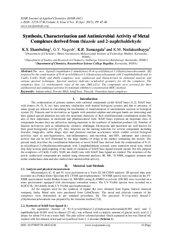 (PDF) Synthesis, Characterization and Antimicrobial Activity of Metal Complexes derived from ...