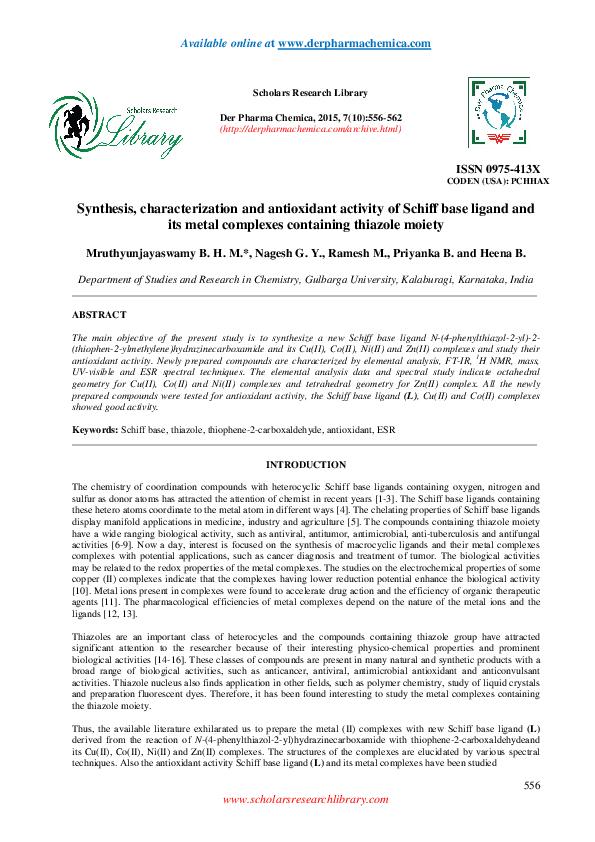 (PDF) Synthesis, characterization and antioxidant activity of Schiff base ligand and its metal ...