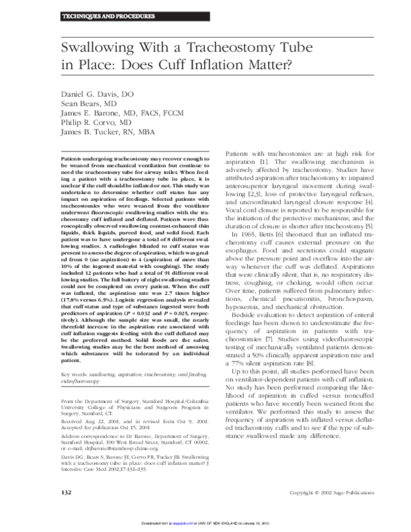 (PDF) Swallowing With a Tracheostomy Tube in Place: Does Cuff Inflation ...