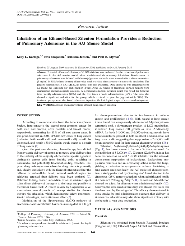 (PDF) Inhalation of an Ethanol-Based Zileuton Formulation Provides a ...