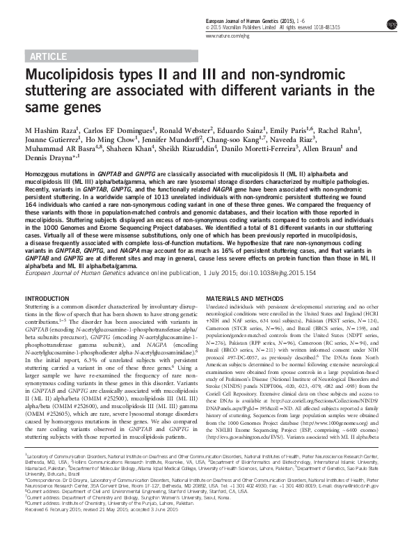 (PDF) Mucolipidosis types II and III and non-syndromic stuttering are ...