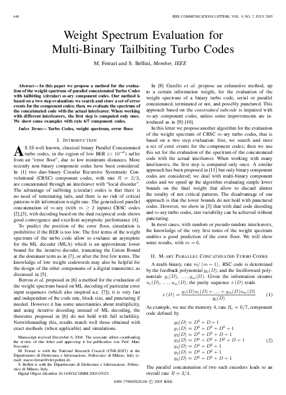 (PDF) Weight spectrum evaluation for multi-binary tailbiting turbo codes