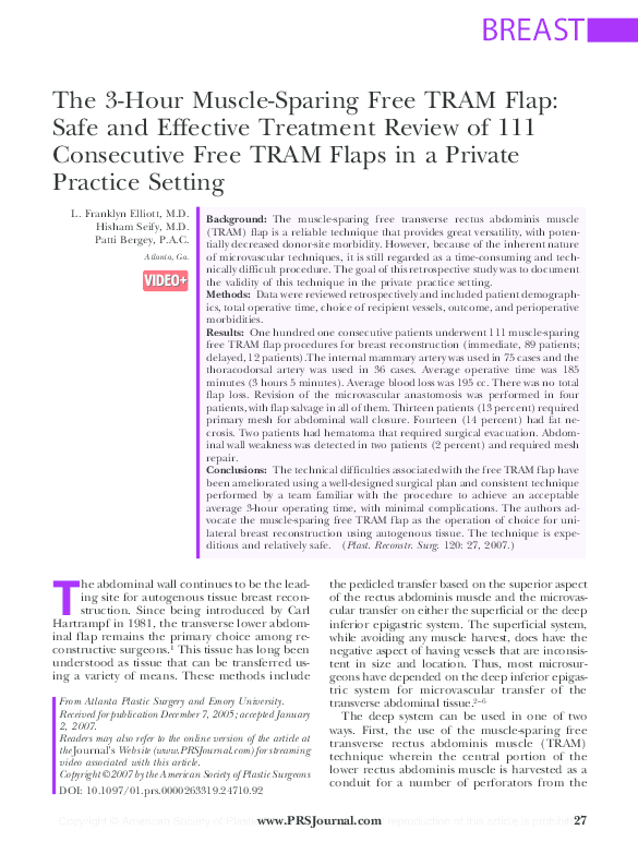 (PDF) The 3-Hour Muscle-Sparing Free TRAM Flap: Safe and Effective ...