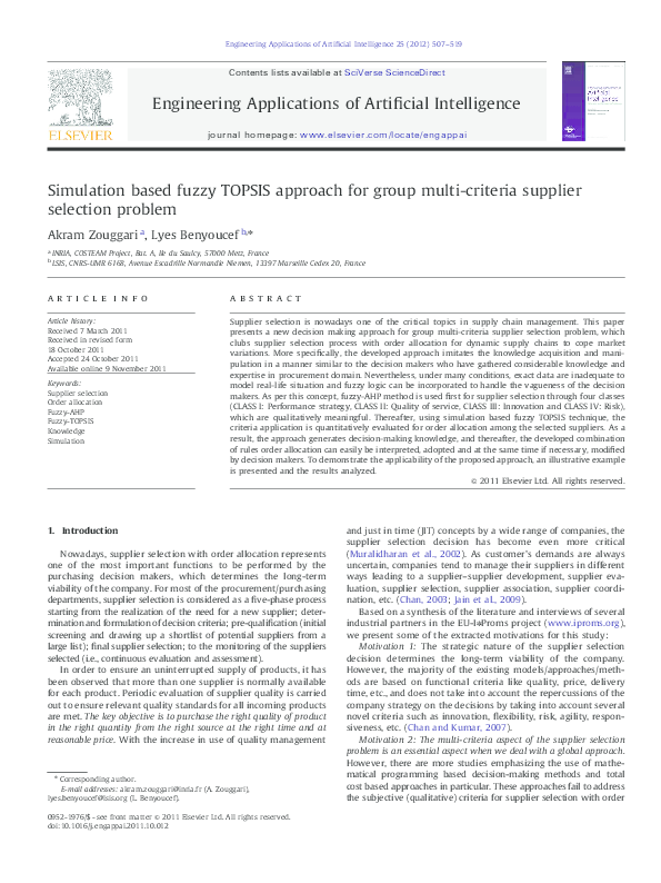 Pdf Simulation Based Fuzzy Topsis Approach For Group Multi Criteria Supplier Selection Problem