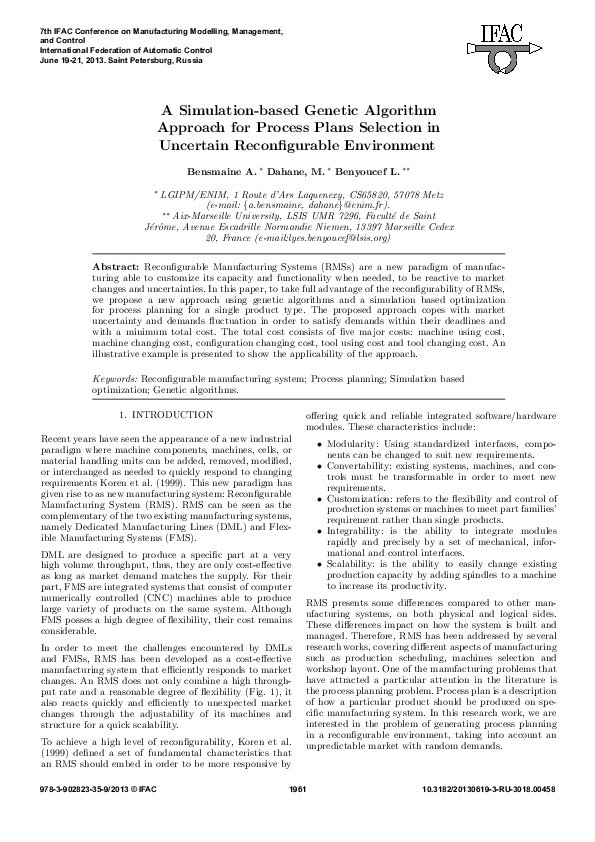 Pdf A Simulation Based Genetic Algorithm Approach For Process Plans