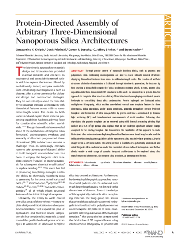 (PDF) Protein-Directed Assembly of Arbitrary Three-Dimensional Nanoporous Silica Architectures