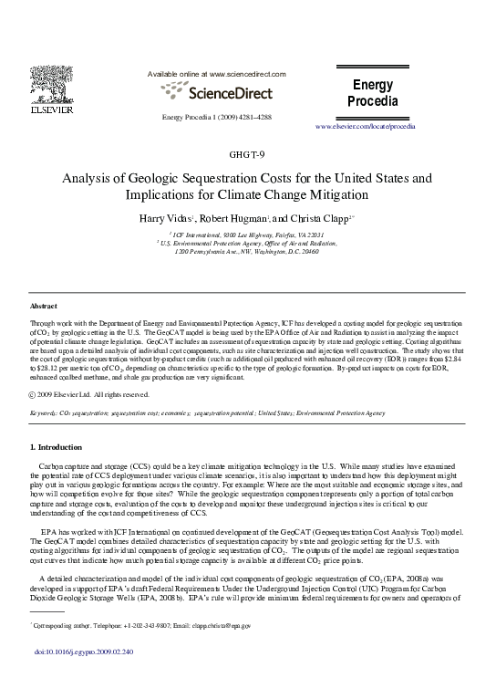 (PDF) Analysis of Geologic Sequestration Costs for the United States ...