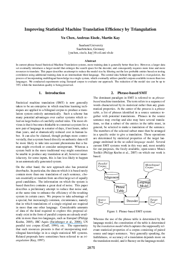 (PDF) Improving statistical machine translation efficiency by triangulation