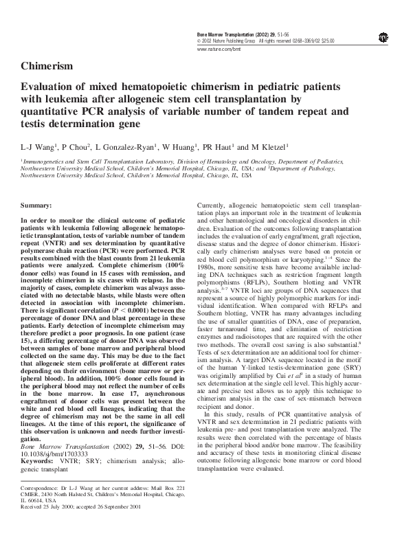 (PDF) Validation of chimerism in pediatric recipients of allogeneic ...