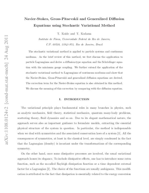 Pdf Navier Stokes Gross Pitaevskii And Generalized Diffusion Equations Using The Stochastic