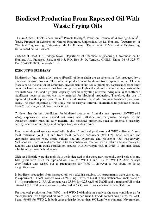 (PDF) Biodiesel Production From Rapeseed Oil With Waste Frying Oils