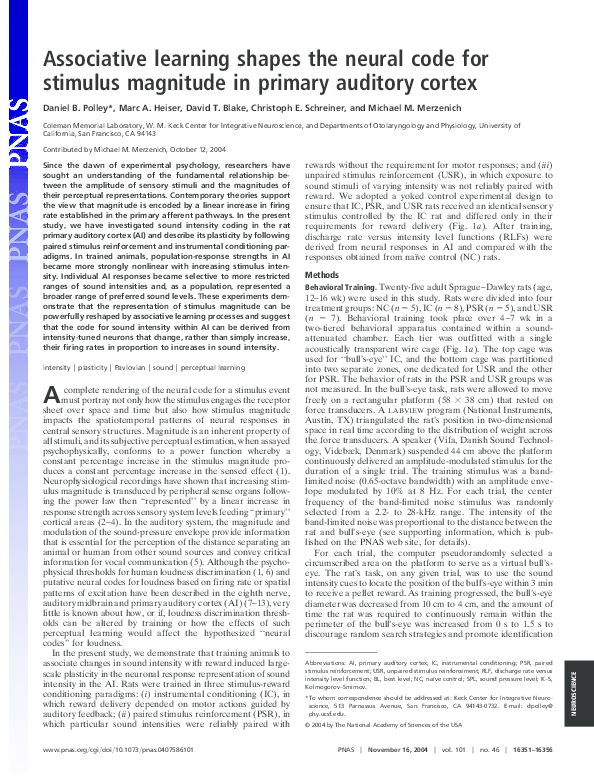 (PDF) Associative learning shapes the neural code for stimulus magnitude in primary auditory ...