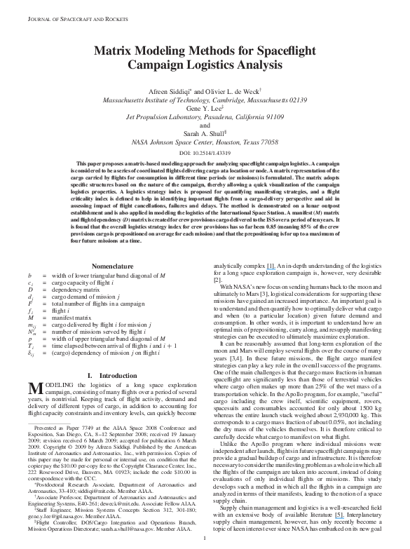 (PDF) Matrix Modeling Methods for Spaceflight Campaign Logistics Analysis