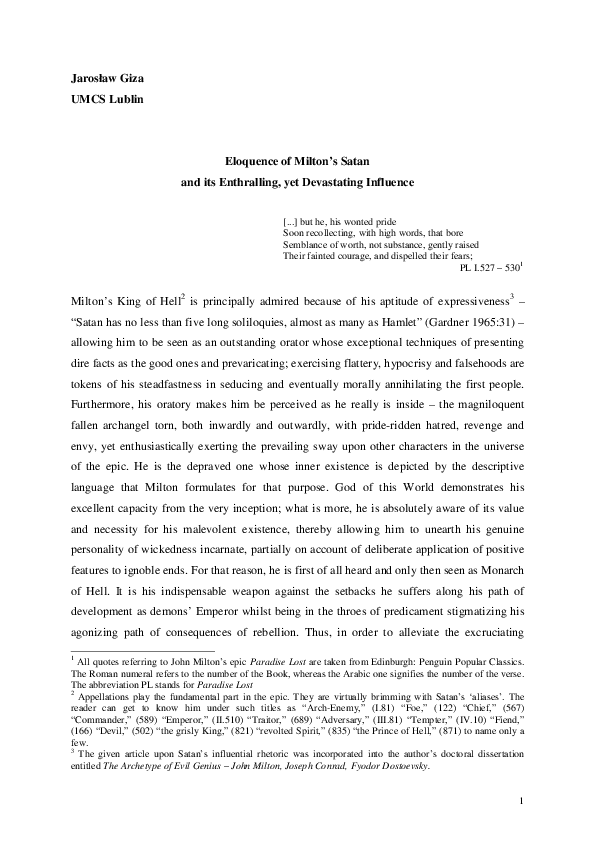 (PDF) Eloquence of Milton’s Satan and its Enthralling, yet Devastating ...