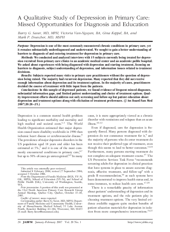 (PDF) A Qualitative Study of Depression in Primary Care: Missed ...