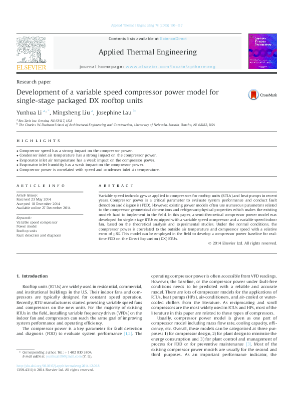 (PDF) Development of a variable speed compressor power model for single ...