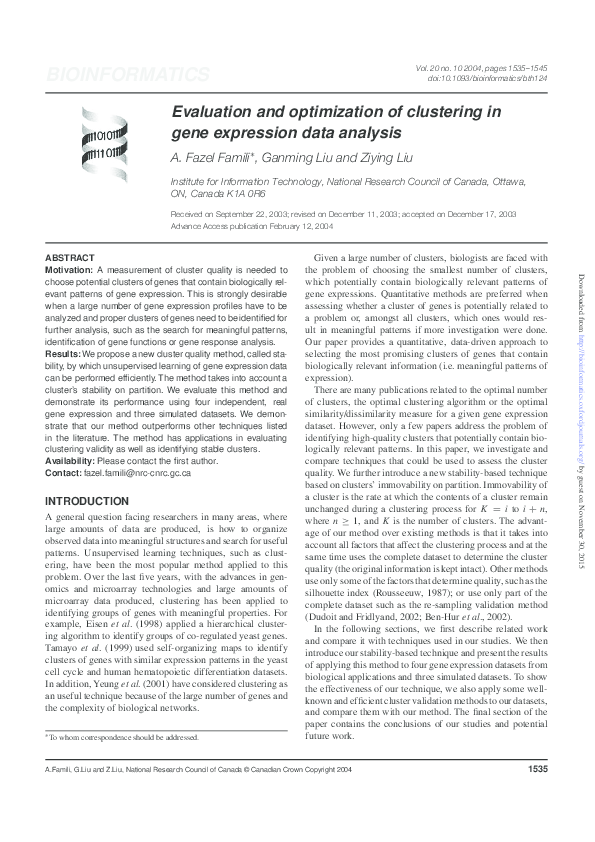 Pdf Evaluation And Optimization Of Clustering In Gene Expression Data Analysis