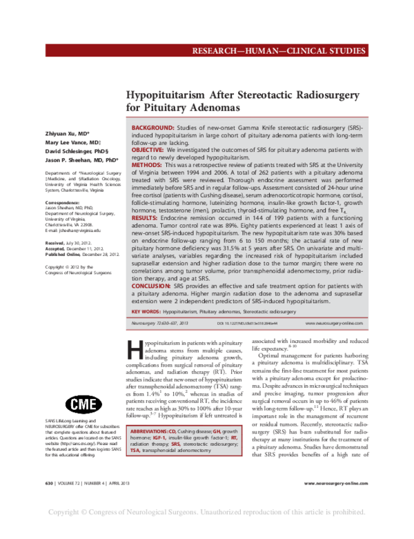 (PDF) Hypopituitarism After Stereotactic Radiosurgery for Pituitary Adenomas