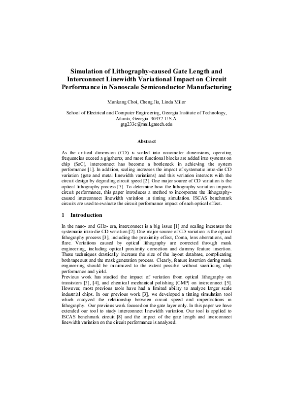 (PDF) Simulation of Lithography-caused Gate Length and Interconnect Linewidth Variational Impact ...