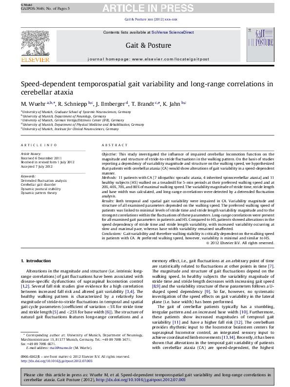 (PDF) Speed-dependent temporospatial gait variability and long-range correlations in cerebellar ...
