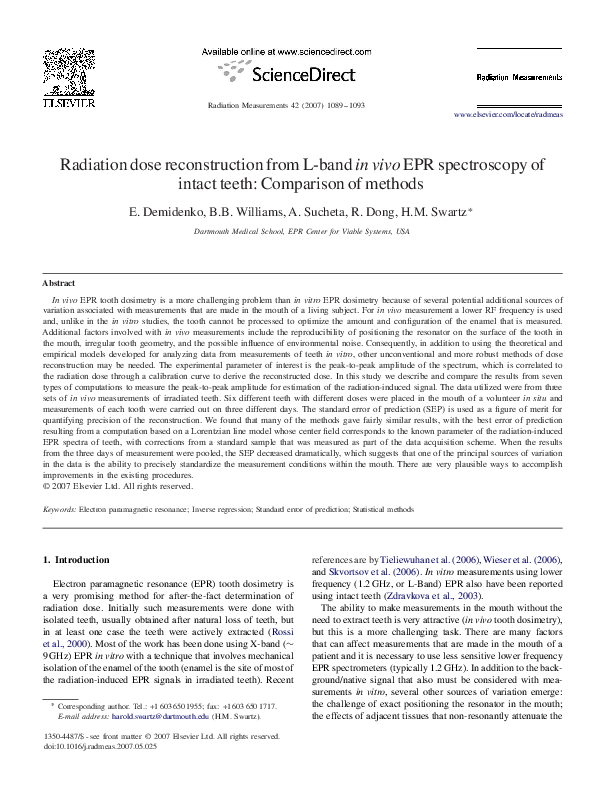 (PDF) Radiation dose reconstruction from L-band in vivo EPR spectroscopy of intact teeth ...