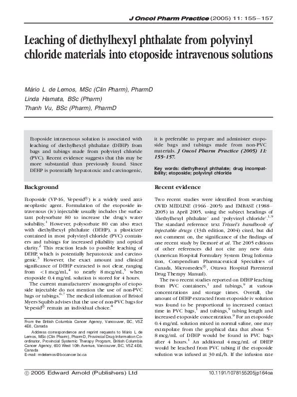 (PDF) Leaching of diethylhexyl phthalate from polyvinyl chloride ...