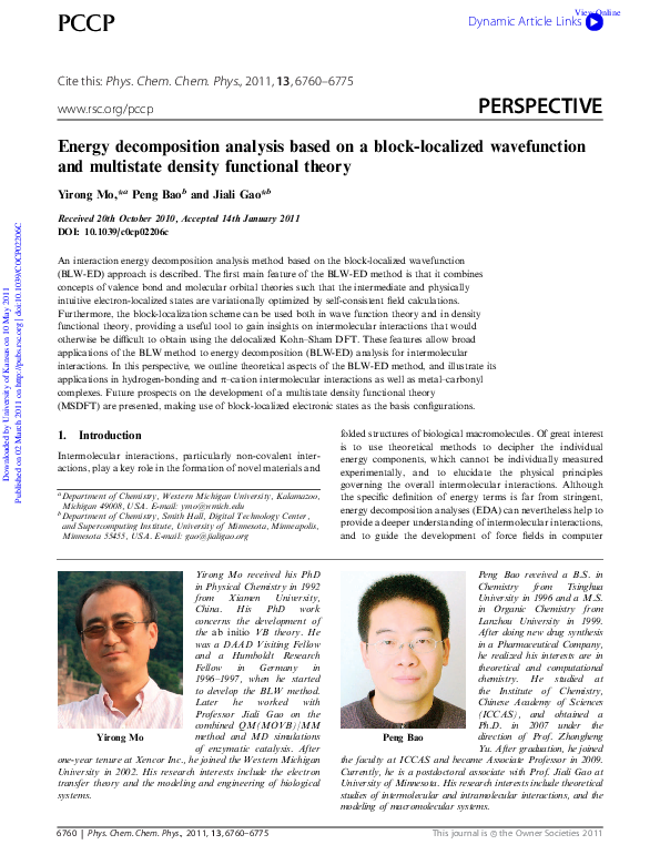 (PDF) Energy decomposition analysis based on a block-localized wavefunction and multistate ...