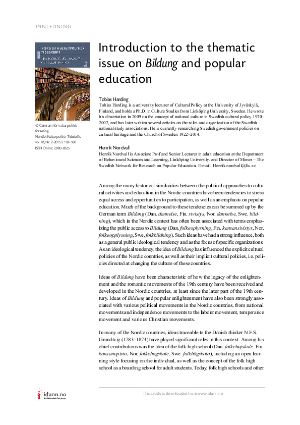 (PDF) Introduction to the thematic issue on Bildung and popular education