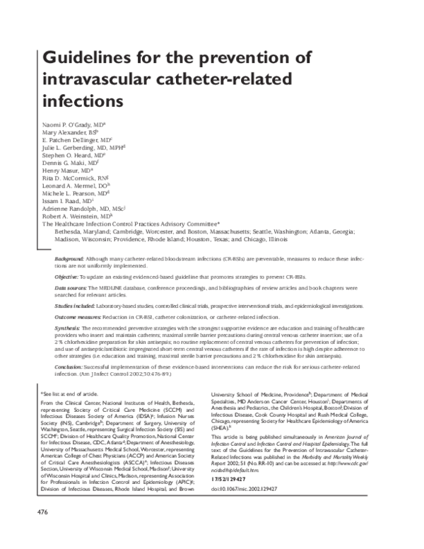 (PDF) Guidelines for the prevention of intravascular catheter-related ...