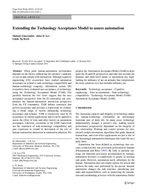 (PDF) Extending the Technology Acceptance Model to assess automation