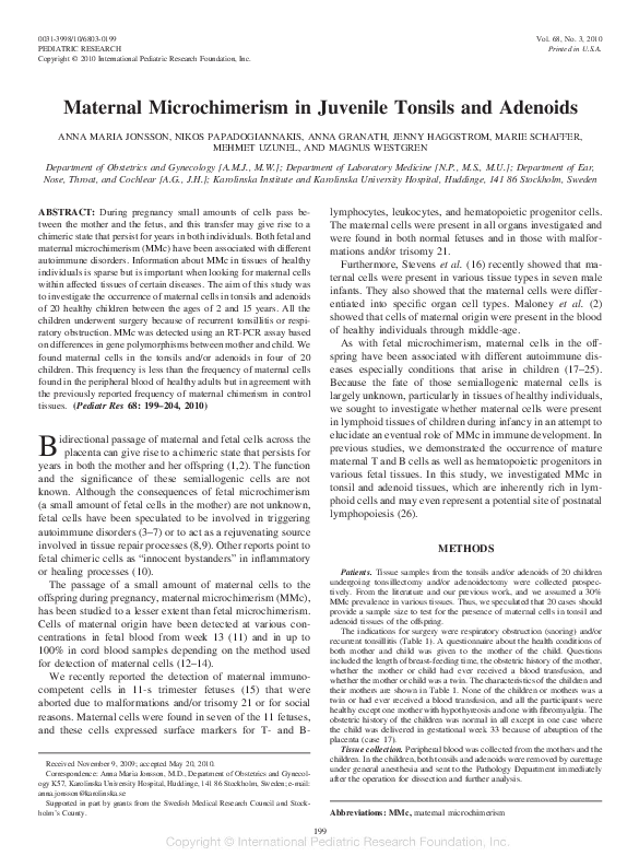 (PDF) Maternal Microchimerism in Juvenile Tonsils and Adenoids