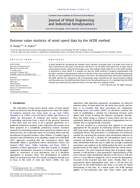 Extreme value statistics of wind speed data by the ACER method