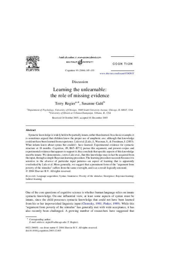 (PDF) Learning the unlearnable: the role of missing evidence | Susanne Gahl - Academia.edu