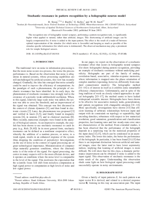 (PDF) Stochastic resonance in pattern recognition by a holographic ...