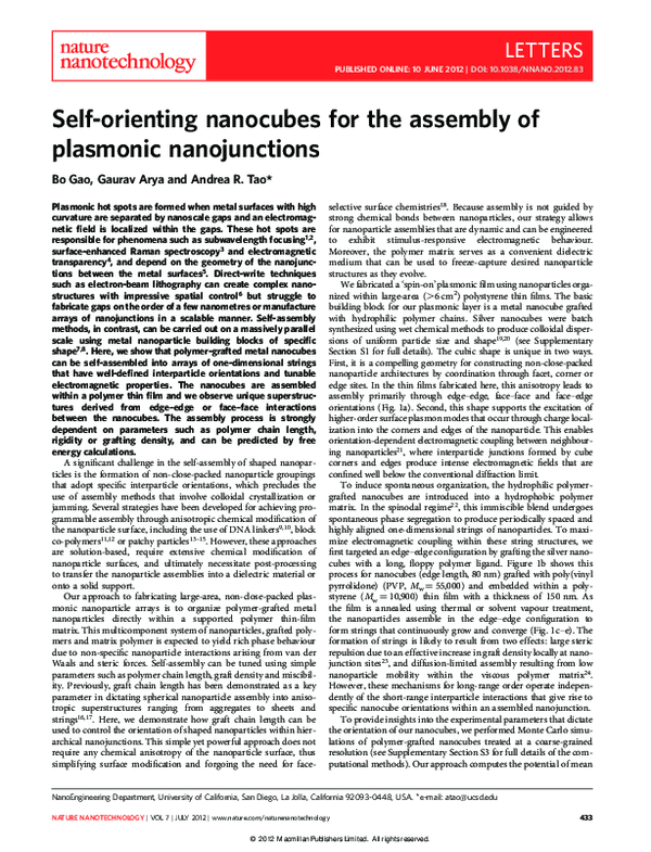 (PDF) Self-orienting nanocubes for the assembly of plasmonic nanojunctions